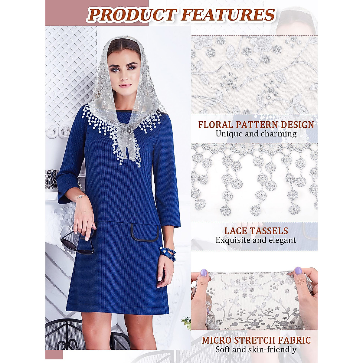 Zhanmai 6 Pcs Veils for Church Catholic Mass Veils for Women Catholic Lace Triangle Lace Mantilla Floral Tulle Scarf Covering (Novel Color)