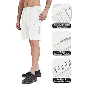 HIFEOS Mens Athletic Shorts -Running, Tennis Gym Workout Shorts for Men 5"/7"/9"- Comfort, Lightweight, 3 Zippered Pockets White