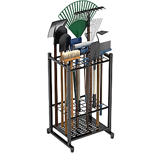 Sttoraboks Garden Tool Organizer, Yard Tool Tower Rack for Garage Organization and Storage, Up to 35 Long-Handled Tools/Rakes/Brooms, Heavy Duty Steel Garden Tool Stand for Shed, Outdoor, Black