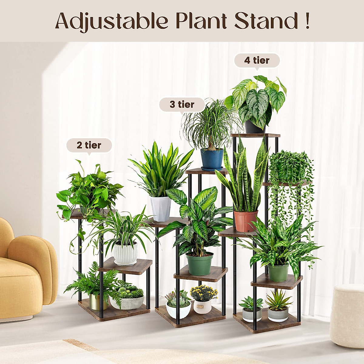 GEEBOBO Plant Stand Indoor, 4 Tier Plant Stands For Indoor Plants Multiple, Tiered Flower Shelf Plants Holder Display Rack Shelving for Patio Garden Balcony Bedroom Living Room, Brown