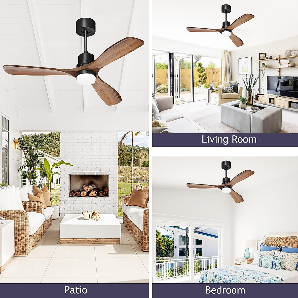 Obabala Ceiling Fans with Lights and Remote Indoor/Outdoor Ceiling Fan with 3 Walnut Wood Blades,42-inch,Matte Black