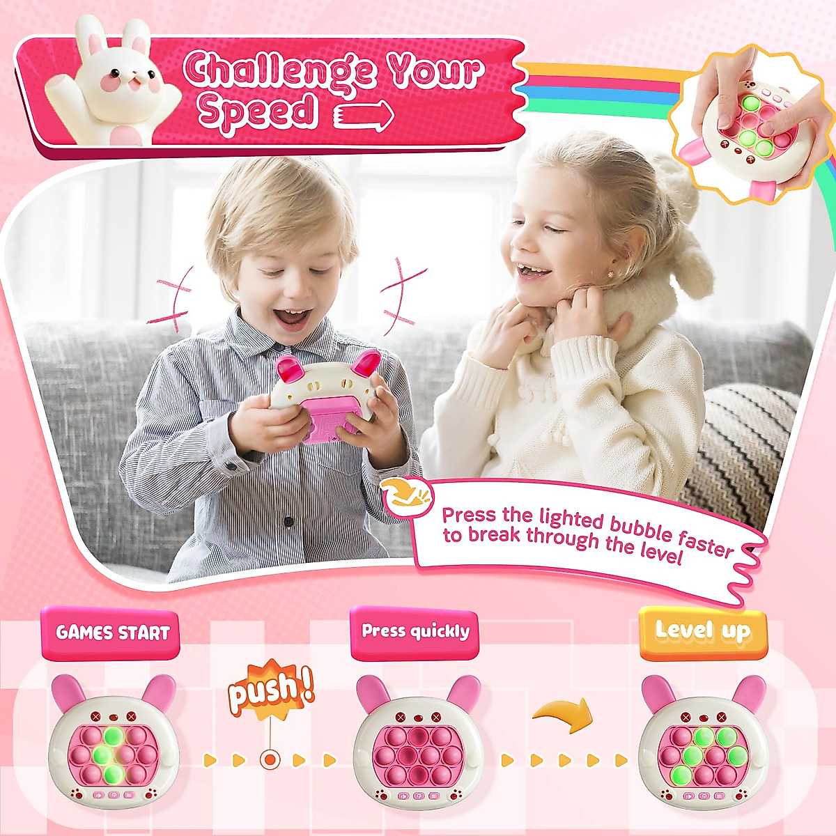 Alltope Pop Fidget Kids Games Toys Fast Push Game, 4 Different Modes Handheld Bubble It Pro Light Up Game Portable Puzzle Machine for Kids, Boys, Girls, Teens, Adult Birthday Gift Rabbit Pink