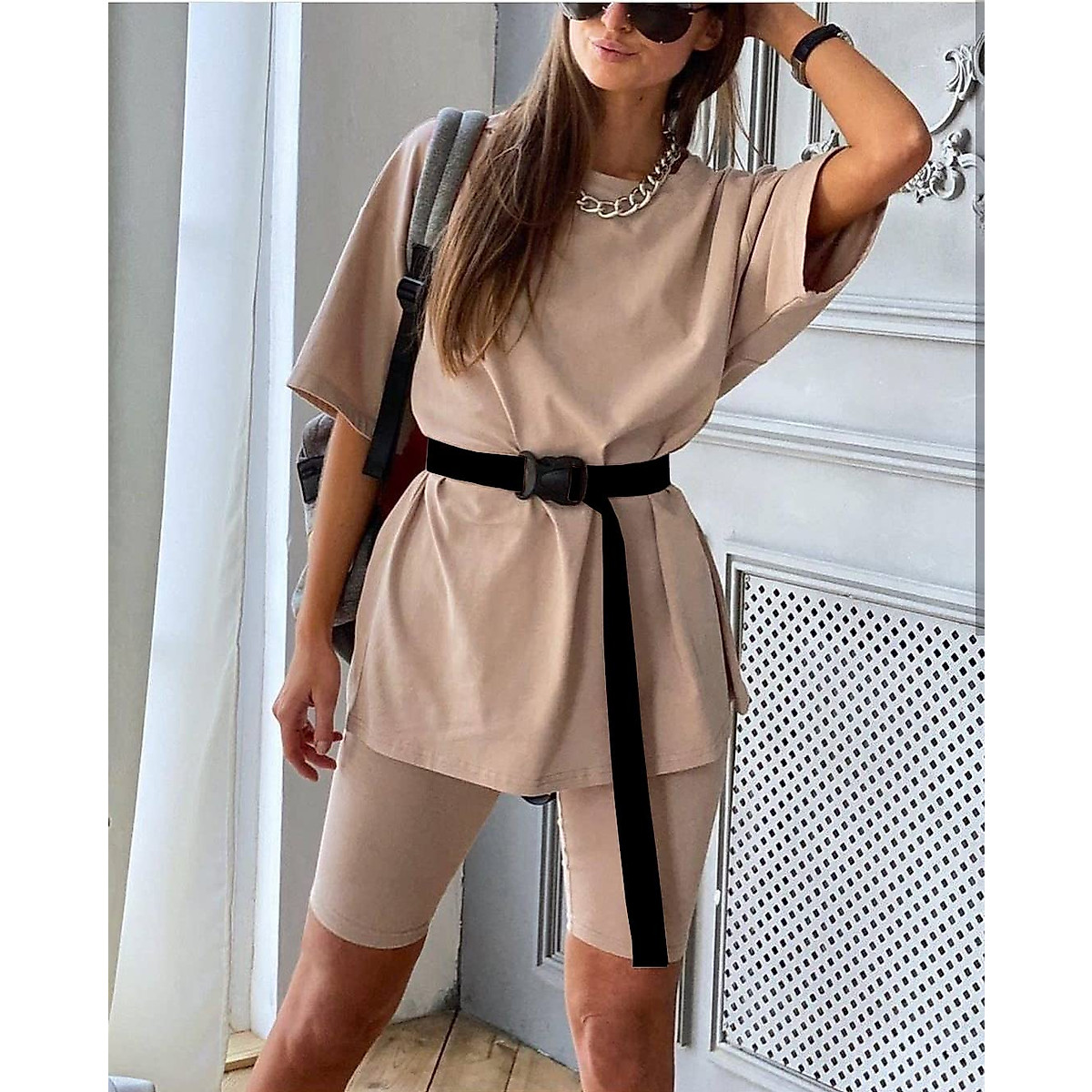 Glamaker Women 2 Piece Outfit sets Casual Oversized T-Shirt Tops Biker Shorts Workout Sport s Tracksuit Khaki Large
