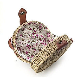Round Straw Handwoven Shoulder Bag Women Cross body Bag for Summer Holiday (Brown)