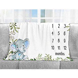Yuzioey Baby Monthly Milestone Blanket Elephant, Safari Elephant Baby Photo Blanket, Gift for New Moms Baby Shower, Watch Me Grow Baby Boy Greenery Elephant Nursery Décor, Includes Marker (50"x40")