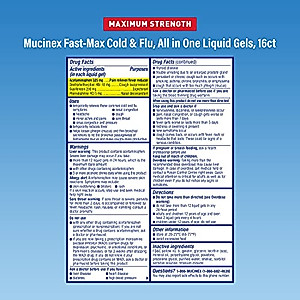 Mucinex Fast-Max Maximum Strength Cold & Flu All in One, Multi-Symptom Relief, Pain Reliever, Fever Reducer, Cough Suppressant, Expectorant, Nasal Decongestant, 16 Liquid Gels (Pack of 2)