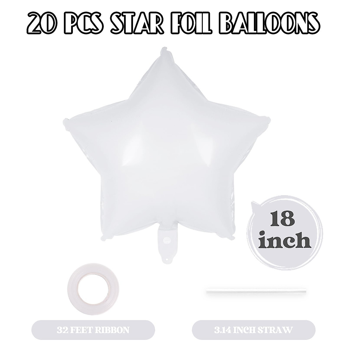 20 Pcs Star Balloons,18 Inch White Star Foil Balloons,Star Shaped Balloons Mylar Balloons Helium Balloons for Birthday Party Anniversary Wedding Baby Shower Decorations (White)