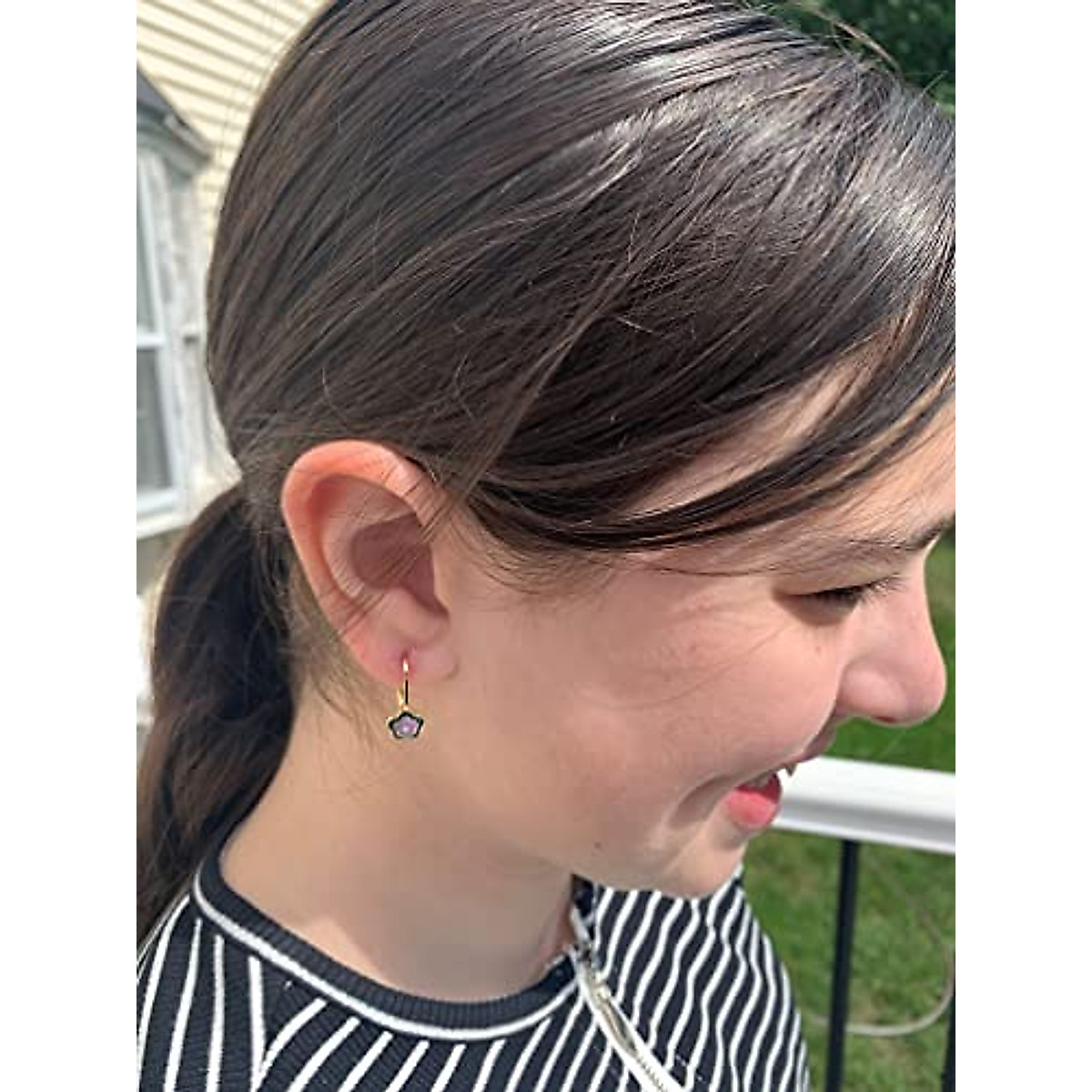 Little Miss Twin Stars Kids Earrings - 14k Gold Plated Frosted Flowers Earrings 3 Tone Blue. Lavender, & White Enamel Flower Leverback Girls Earrings-Brass