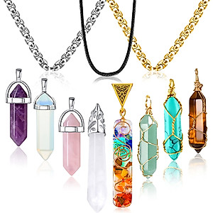 Paffartt 8Pcs Crystal Necklace for Women Men Healing Energy Crystal Pendant Gemstones Necklace Red Agate Amethyst Carnelian Crystal Necklaces Natural Quartz Jewelry