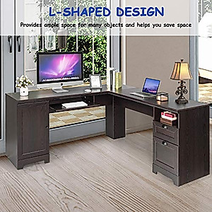 GOFLAME 66" Modern L-Shaped Desk with Drawers, PC Laptop Corner Table Workstation, Space Saving Computer Desk with Spacious Surface, Writing Table Home Office Computer Desk (Coffee)