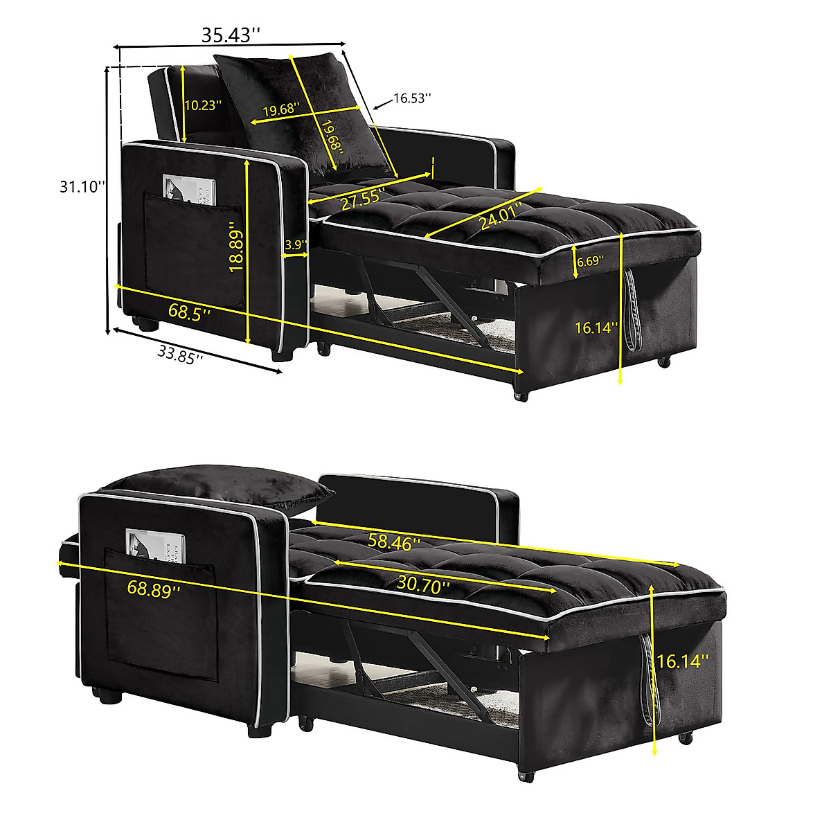 Wrofly 3 in 1 Single Convertible Sleeper Sofa Chair, 35.4" Pull Out Sofa Bed with Adjustable Backrest, Modern Chaise Lounge with Storage and Pillow for Living Room, Small Spaces, Black Velvet