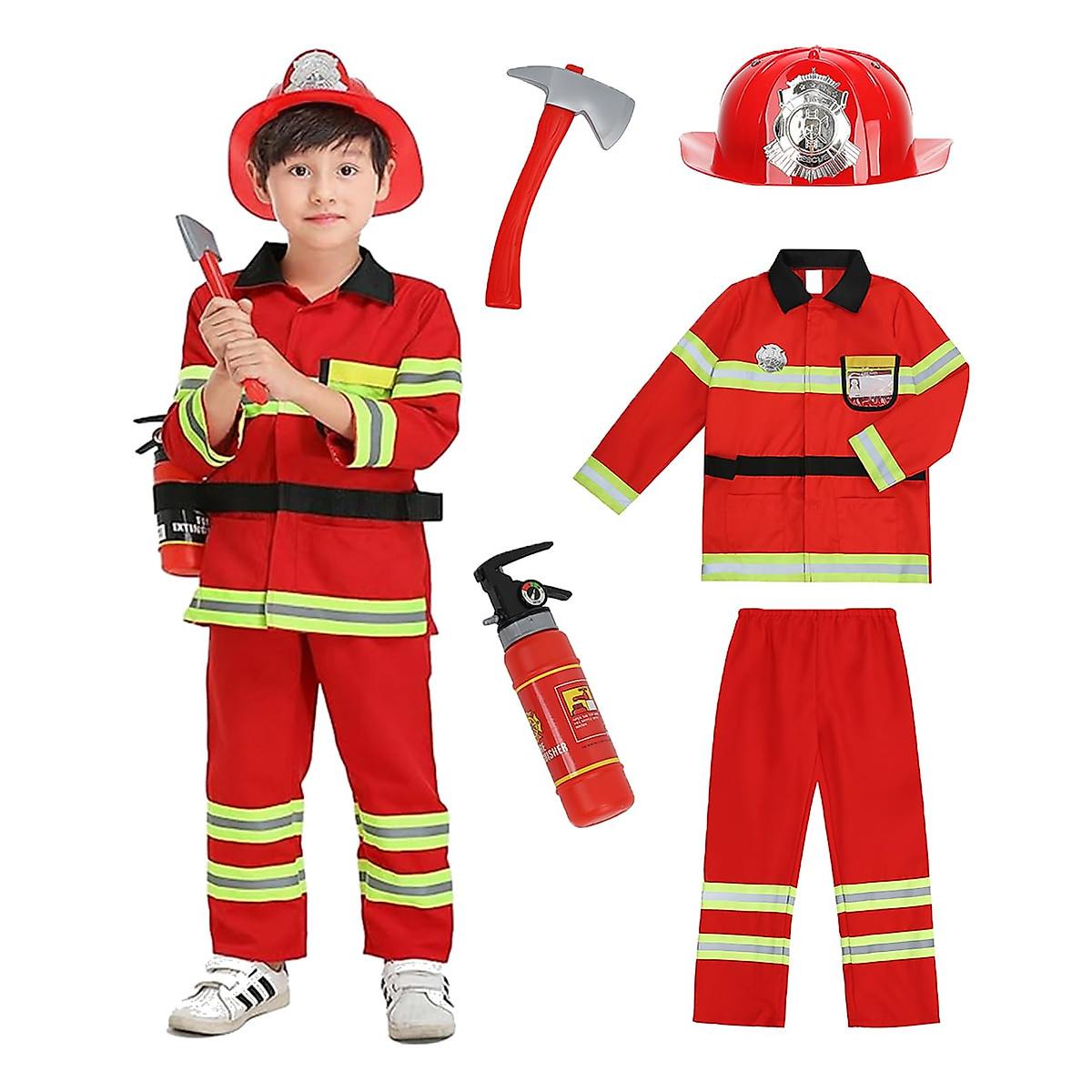 yolsun Fireman Costume for Kids, Boys' and Girls' Firefighter Dress up, Fire Fighter with Toy Accessories Set Halloween Role Play(Red,4-5 Years)