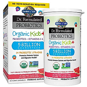 Garden of Life Dr. Formulated Probiotics Organic Kids+ Plus Vitamin C & D - Watermelon - Gluten, Dairy & Soy Free Immune & Digestive Health Supplement, No Added Sugar, 30 Chewables (Shelf Stable)