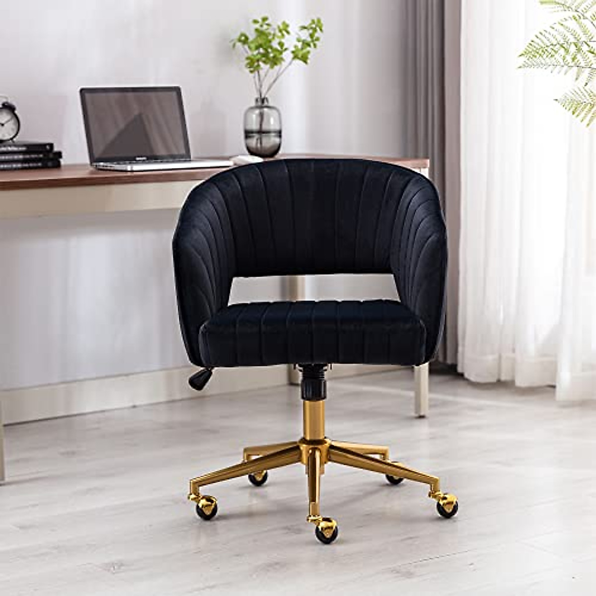 Home Office Chair Swivel Velvet Desk Chair Accent Armchair Upholstered Modern Tufted Chairs with Gold Base for Girls Women Ergonomic Study Seat Computer Task Stools for Living Room(Black)