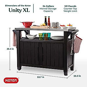 Keter Unity XL Portable Outdoor Table and Storage Cabinet w/ Accessory Hooks, Stainless Steel Top for Patio Kitchen Island or Bar Cart, Espresso Brown