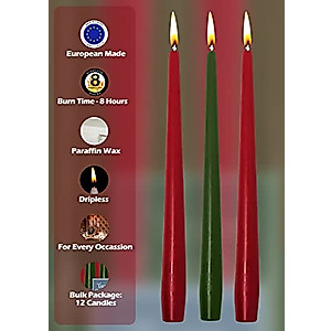 Hyoola Christmas Candles - Green and Red Taper Candles 10 Inch Dripless, 12 Pack Unscented Holiday Candles - European Made