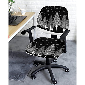 Snowflake Elk Office Chair Cover Stretchable Computer Chair Seat Cover Backrest Slipcovers, Stretchable Rotating Desk Chair Seat Cushion Split Protectors Geometric Christmas Tree Branch Black