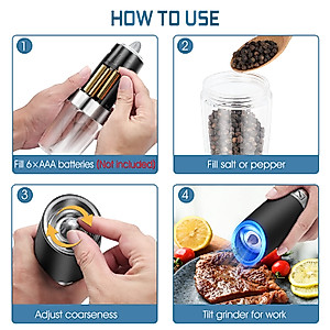 Ebaco Gravity Electric Salt and Pepper Grinder-Automatic Pepper Mill Battery Operated Grinder with LED Light, Refillable and Adjustable Coarseness(1PCS)