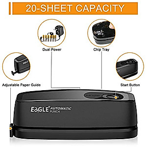 Electric Hole Punch, Eagle Desktop 3 Hole Puncher Force-Saving, 20-Sheet Capacity, AC or Battery Operated Paper Punch 3 Ring, Effortless Hole Puncher for Paper, Home and Office Supplies, Black