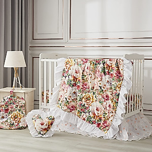 Brandream Crib Bedding Sets for Girls | 3-Piece Cotton Nursery Baby Bedding Set | Shimmering Floral Comforter, Crib Sheet, Embroidered Flowers Tulle Lace Crib Bed Skirt, Blush Pink