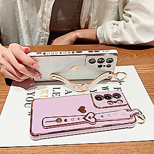 phylla for Samsung Galaxy S21 Ultra 5g Phone Case with Electroplated Cute Hearts Wrist Strap Kickstand Luxury Love Heart Full Camera Protection Cover Soft Shockproof Holder Bumper (Pink)