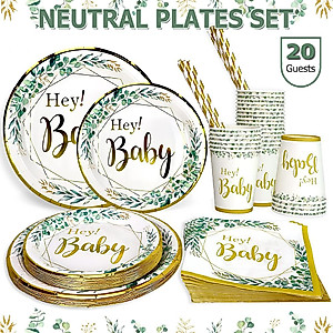 JerDorgo Baby Shower Decorations, 220 Pcs Sage Green Baby Shower Decorations Kits with Party Plates and Napkins Sets, Baby Shower Decor Party Supplies with Banner, Balloons, Sash, Cake Topper