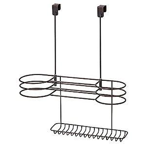 mDesign Metal Over Door Bathroom Hair Care & Styling Tool Organizer Storage Basket for Hair Dryer, Flat Irons, Curling Wands, Hair Straighteners - Hang Inside or Outside Cabinet Doors - Bronze