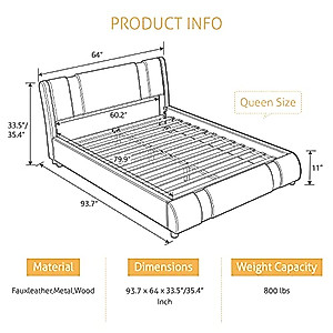 SHA CERLIN Bed Frame Queen Size with Iron Pieces Decor and Adjustable Headboard/Modern Faux Leather Deluxe Upholstered Platform Bed with Solid Wooden Slats Support/No Box Spring Needed, Black
