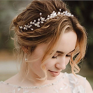Catery Leaf Bride Wedding Headband Silver Crystal Pearl Hair Vine Braid Headpiece Bridal Hair Accessories for Women and Girls