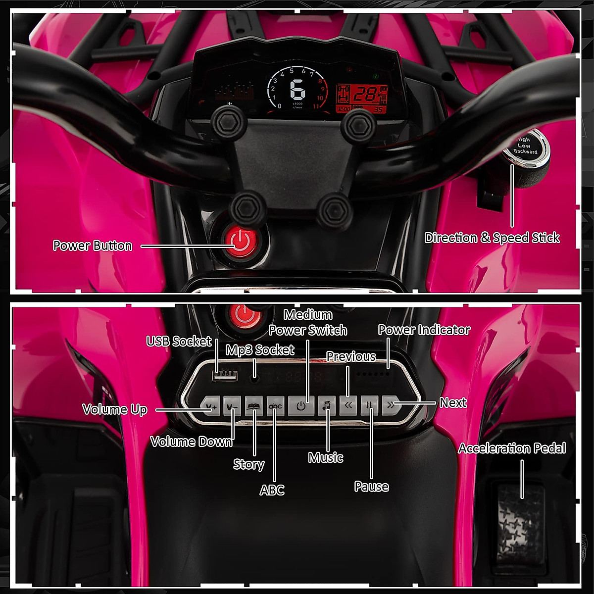 Costzon Kids ATV, 12V Battery Powered Electric Vehicle w/Music, Headlights, MP3, Spring Suspension, High & Low Speed, Treaded Tires, Storage Basket, Ride on 4 Wheeler Quad for 3-8 Years Old (Pink)