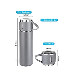 Stainless Steel Thermo 500ML/16.9oz Flask Double Wall Sports Bottle Vacuum Insulated for Coffee Hot Drink and Cold Drink Water Flask with 2 Cups(Gray,Set)