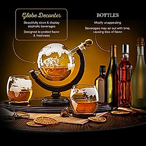 Globe Whiskey Decanter Gift Set by Royal Reserve | Handmade Home Bar Decor Airtight Liquor Dispenser with Scotch Glasses Coasters – Gift for Men Dad Boyfriend Husband Anniversary or Retirement 850 ML