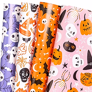 LeZakaa Halloween Wrapping Paper Sheet - 12 Sheet with 4 Different Design - Skull/Ghost/Pumpkin/Bat Pattern for Men, Women, Kids, Boys, Girls - 27.5 x 19.6 inches Per Sheet