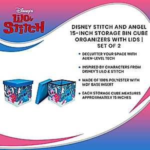 Disney Lilo & Stitch Characters Stitch and Angel 15-Inch Storage Bin Cube Organizers with Lids, Set of 2 | Fabric Basket Container, Cubby Cube Closet Organizer | Toys, Gifts And Collectibles
