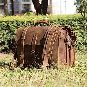 Augus Leather Messenger Bag for Men Briefcase Travel Backpack Shoulder Bag Fit 17'' Laptop