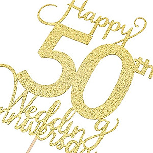 Wedding 50th Anniversary Cake Topper - Wedding Anniversary Party Decoration, Premium Gold Sequins, Happy 50th Anniversary, 50th Wedding Anniversary Cake Decoration.