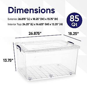Superio 85 Qt Storage Container with Wheels, Stackable Large Storage Containers with Lid, Durable Latches, Opaque Clear (65)