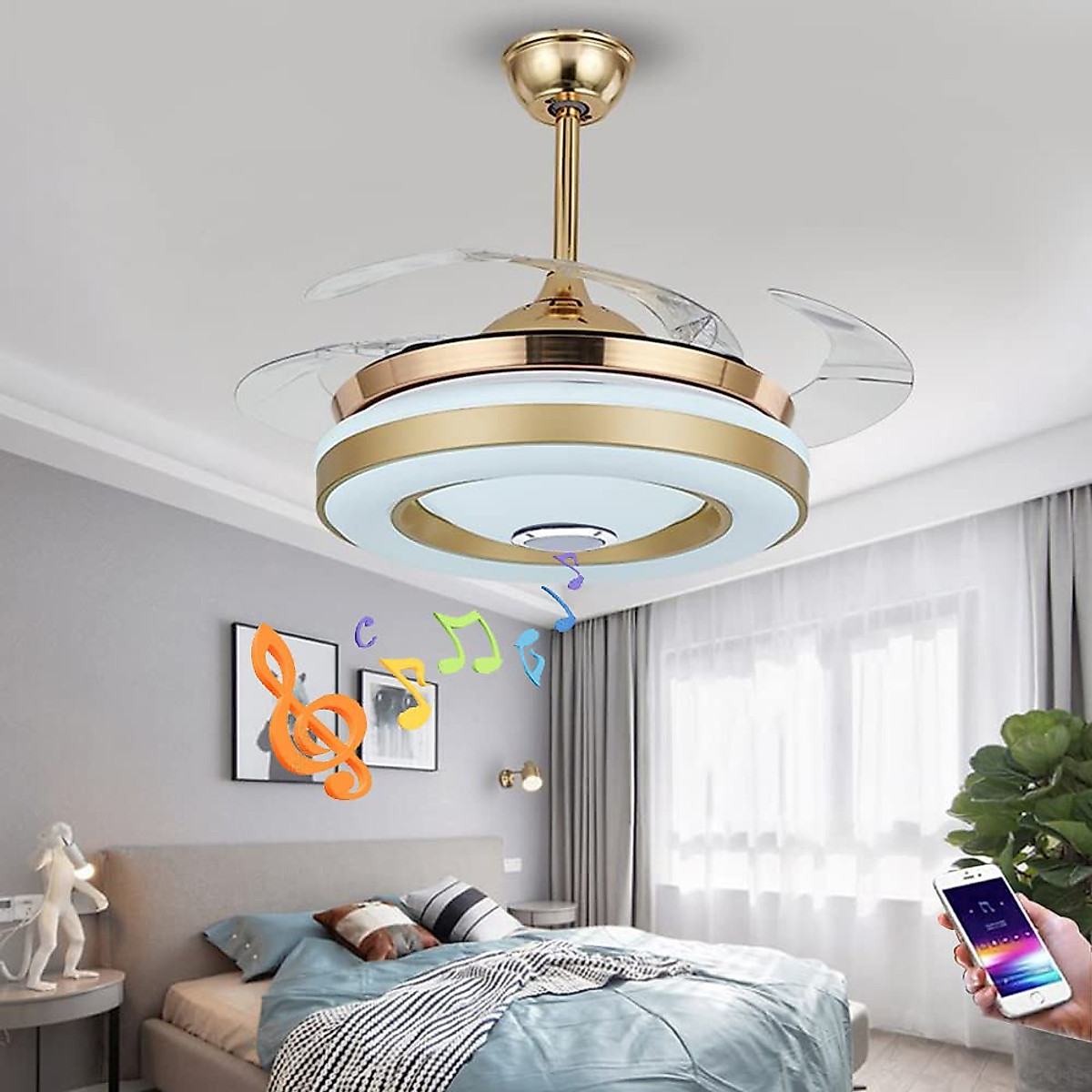 Angry Pryo 42Inch Bluetooth Ceiling Fan with Light and Speaker Music, 7 Color Dimmable LED Retractable Blades with Remote Ceiling Lighting Chandelier for Livingroom Restaurant Hall