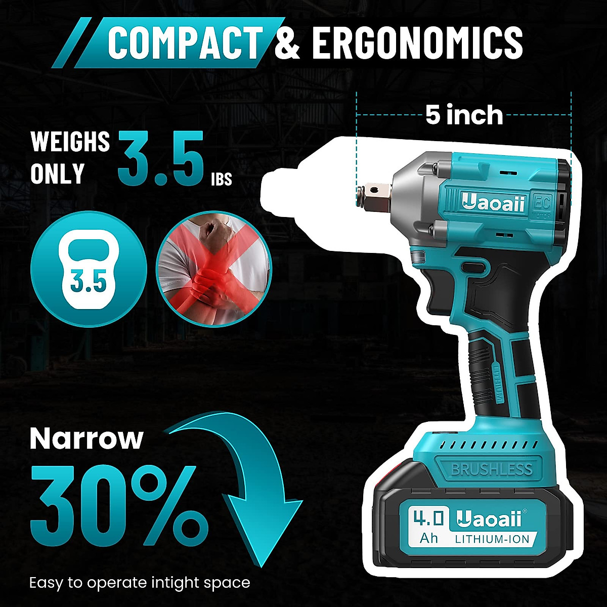 Uaoaii Cordless Impact Wrench Compact Size, 1/2 Power Impact Gun Brushless 420 ft-lbs (550N.m) w/ 4.0A Li-ion Battery, Fast Charger, Sockets, Drill & Screw Bits, 3 in 1 Multi-Function
