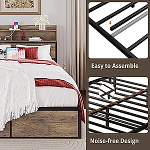 IRONCK Full Size Bed Frame with Bookcase Headboard with Charging Station, Mattress Foundation/No Box Spring Needed, Non-Slip Without Noise, Rustic Maple
