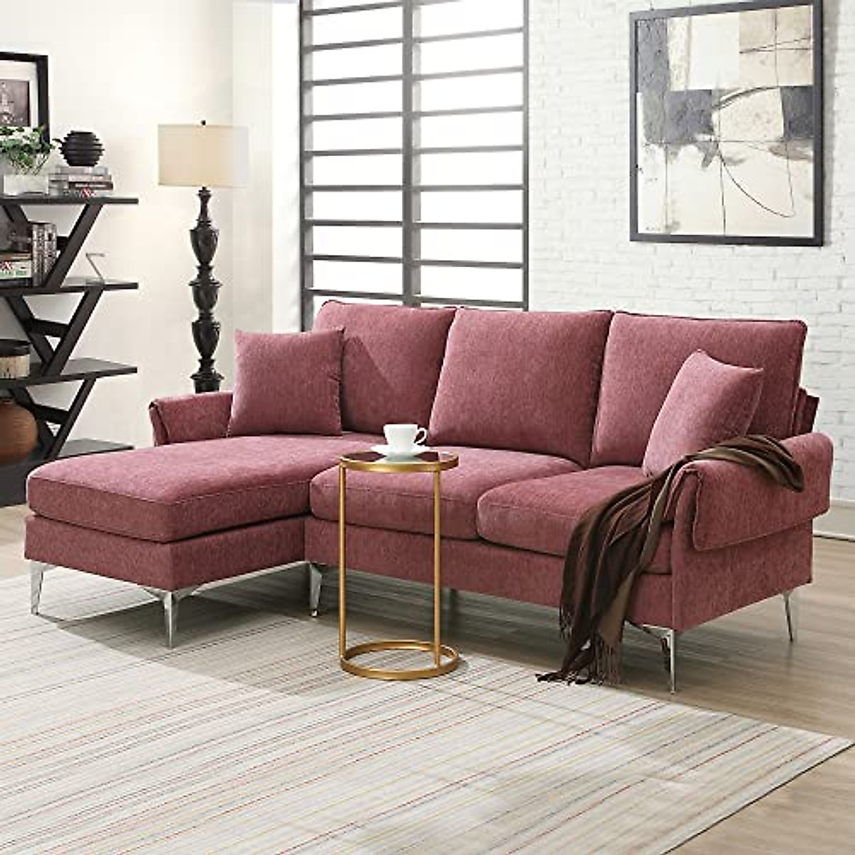 KoiHome 84" Convertible Sectional 2 Pillows, Modern Chenille L-Shaped Couch with Reversible Chaise Lounge, 3-Seater Sleeper Sofa, Fit for Living Room,Office,Apartment, Polyester, Pink