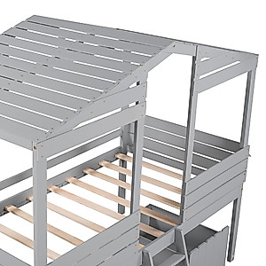 Twin House Bed with Storage Drawers Low Loft Beds Wood Playhouse Bed Frame for Kids Boys Girls Children, Gray