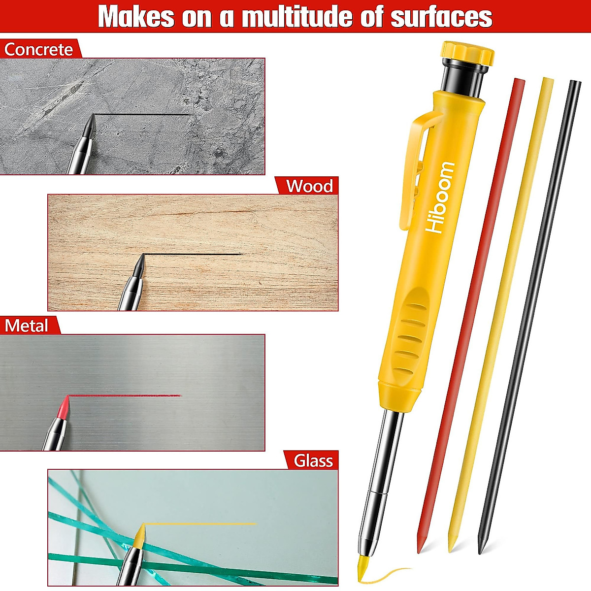 Hiboom 3 Pack Solid Carpenter Pencil with Pencil Cap and 21 Pcs Refills, Deep Hole Mechanical Pencil Marker with Built in Sharpener for Carpenter Woodworking Architect