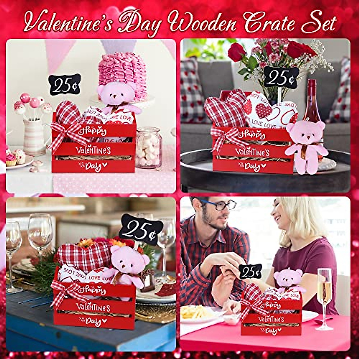 Valentines Day Decor Valentine Centerpiece Mini Wooden Crate Valentines Day Decoration, Valentine Gifts for Her Valentine's Day Farmhouse Decorations Tiered Tray Decor Mantel Shelf Decor