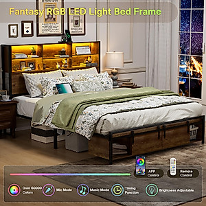 Farmhouse Bed Frame Queen Size with Bookcase Headboard and Sliding Barn Door Storage Cubbies, Wood Bed Frame with LED Light and Charging Station, Noiseless,No Box Spring Needed, Easy Assembly