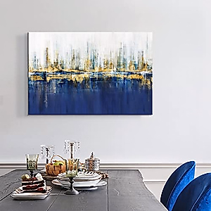 7Fisionart Abstract Wall Art Indigo Blue Canvas Paintings Gold Cityscape Modern Skyline Large Size Picture Artwork Framed for Living Room Bedroom Home Office Wall Decor 36"x24"