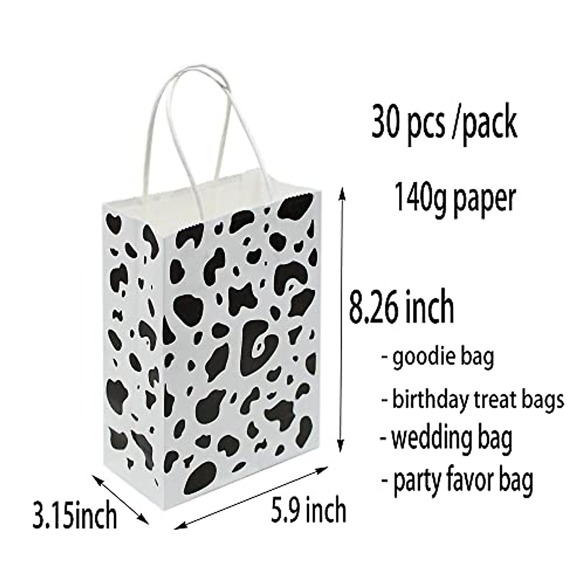 YYaaloa 30pcs Small Gift Bags with Handle Bulk 8.26 x 5.9 x 3.15 inch Cow Print White Party Favor Paper Shopping Bags for Kids Birthday Xmas Party Supplies (Small 30pcs)