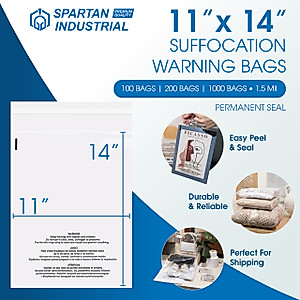 Spartan Industrial - 11” X 14” (200 Count) Self Seal Clear Poly Bags with Suffocation Warning for Packaging, T Shirts & FBA - Permanent Adhesive