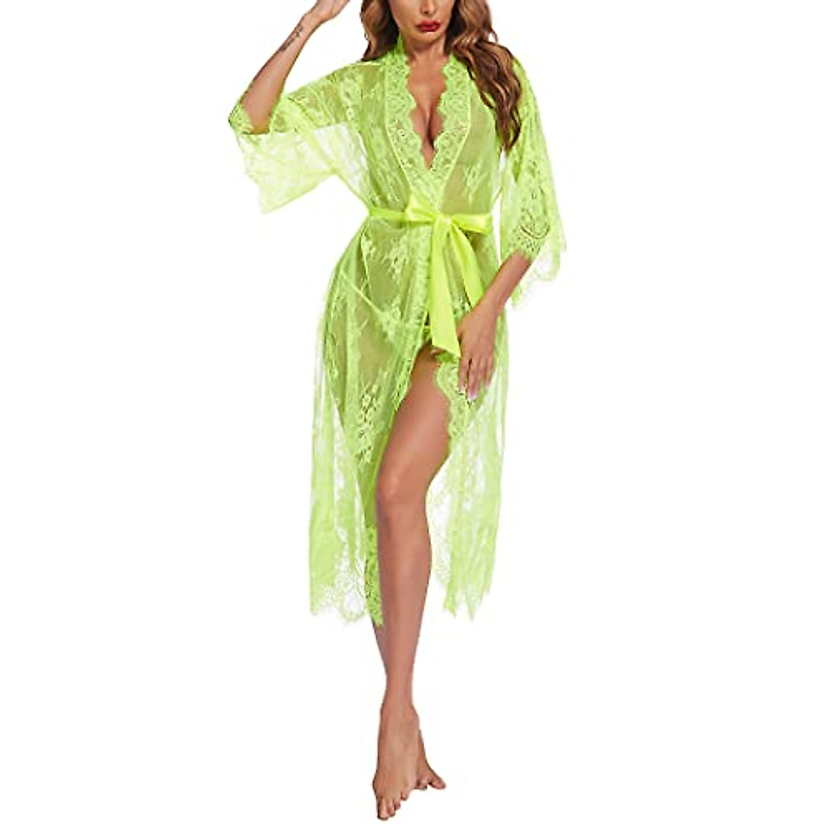 Avidlove Women Sexy Long Lace Lingerie Kimono Robe Sheer Babydoll Nightgown Nightdress Lemon Yellow