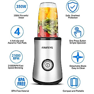 Amateys Personal Blender with Button,Professional Kitchen Blender for Smoothies and Shakes,17oz Portable Smoothie Blender ,Easy Cleaning&Operation,Height 12 Inch Suitable for Travel Carrying or Storage